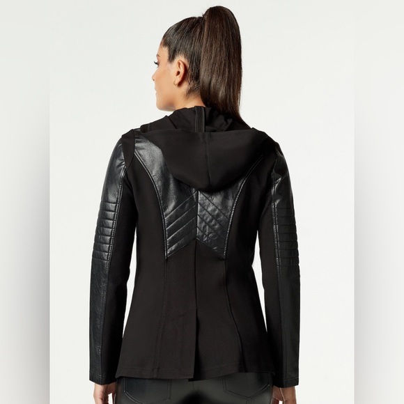 blanc noir | Jackets & Coats | Blanc Noir Hooded Moto Blazer With Leather Sleeves In Black ...